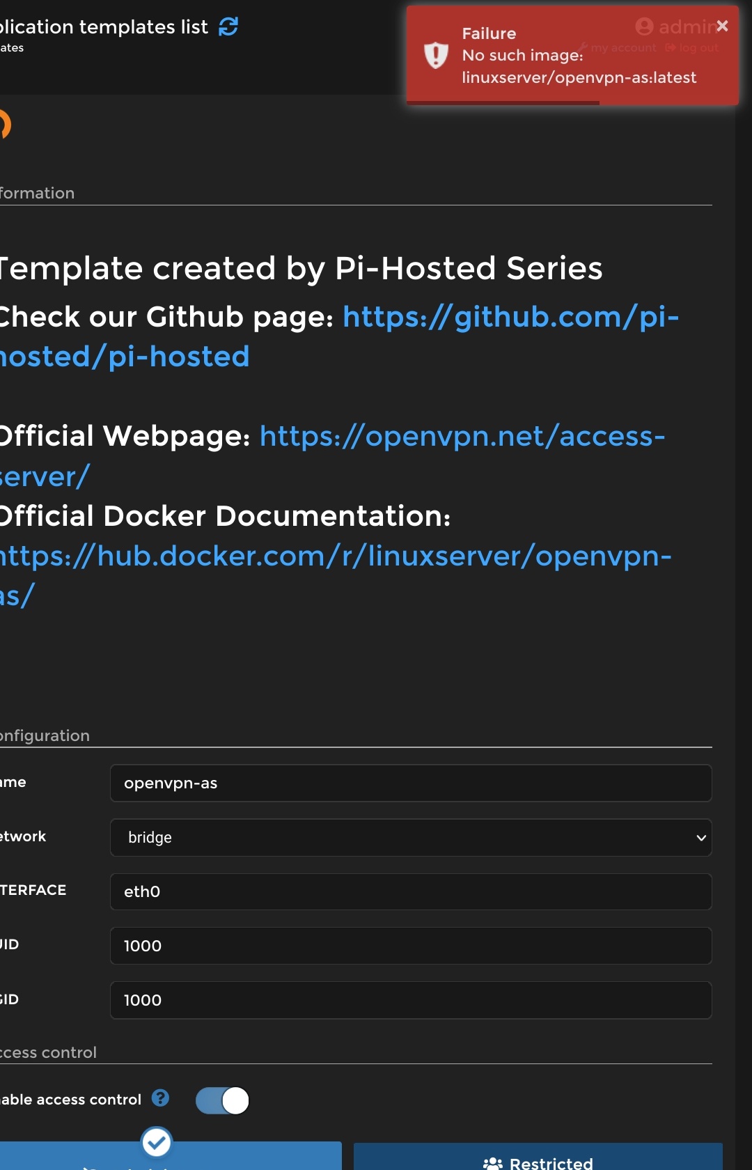 [QUESTION] Problem deploying openvpn-as · Issue #348 · novaspirit/pi-hosted · GitHub