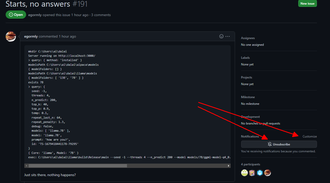 Starts, no answers · Issue #191 · cocktailpeanut/dalai · GitHub