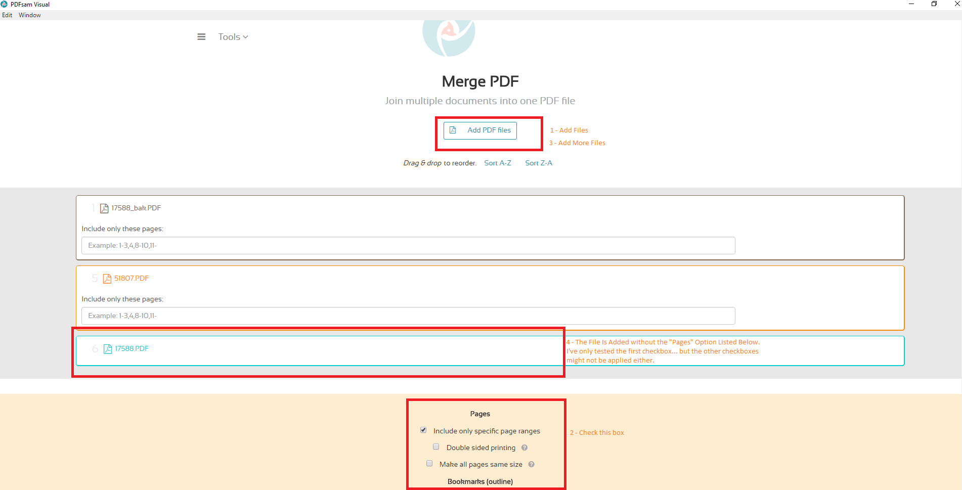 PDFsam Visual 1.1.8 - Merge PDF - Newly Added Files Don't Get "More Options" Check-boxes Applied ...
