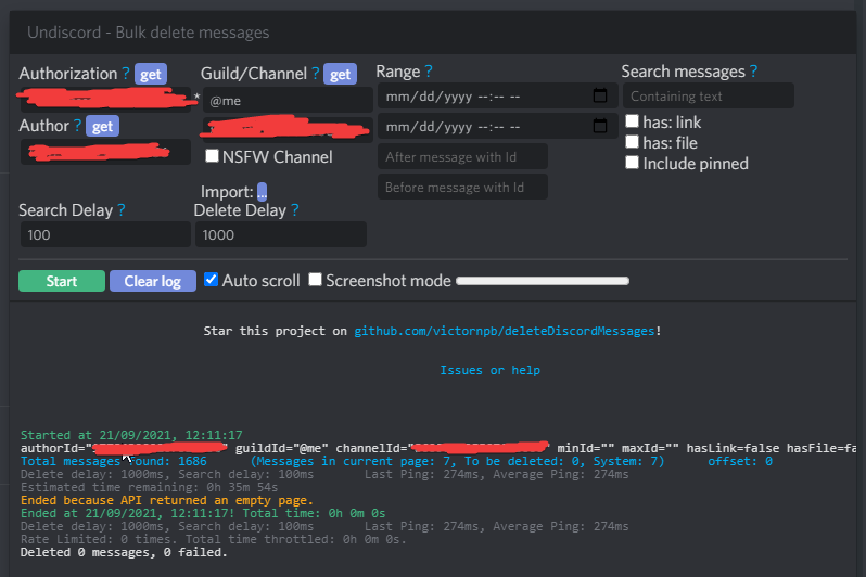 [BUG] Not Deleting messages · Issue #258 · victornpb/undiscord · GitHub