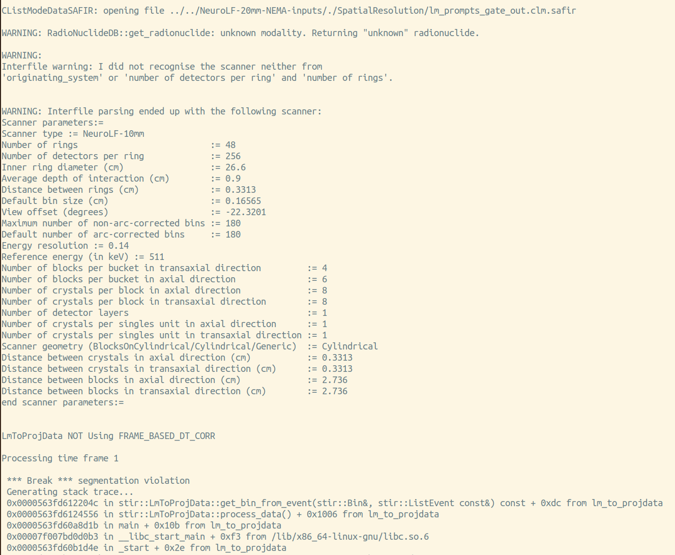 Lmtoprojdata For The Safir Listmode And With Cylindrical Projdata Template Crashes · Issue