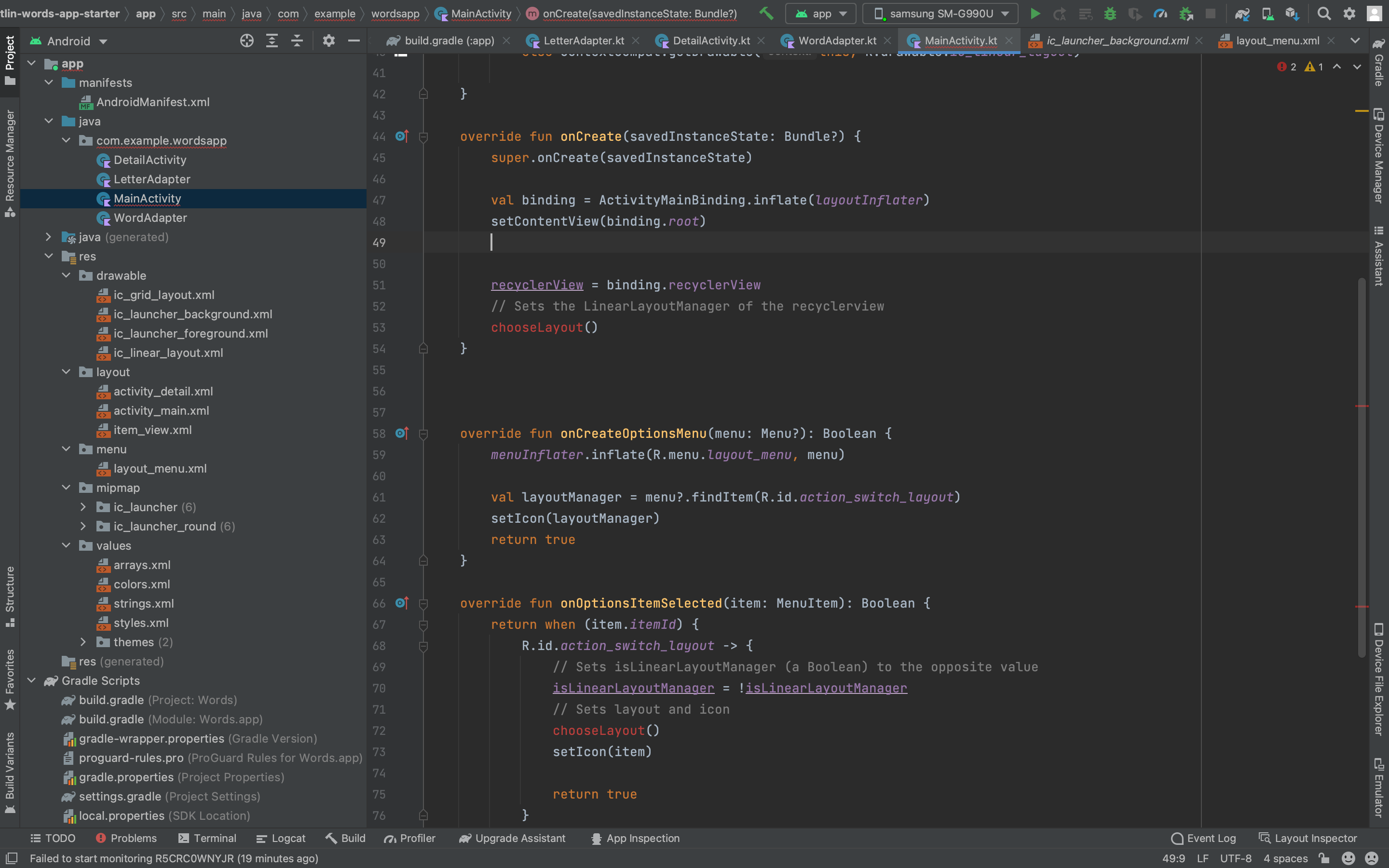 Android Basics: Activities and intents/. CHOOSE LAYOUT GIVES RED ERROR ...