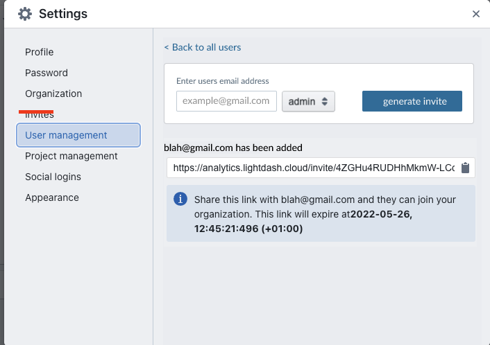 Create invite for single email · Issue #2208 · lightdash/lightdash · GitHub