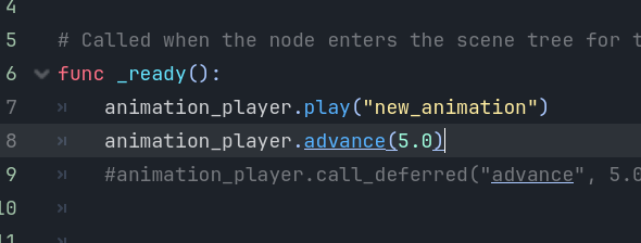 `AnimationPlayer.advance()` does not work when called right after `play()` within 1-2 process ...
