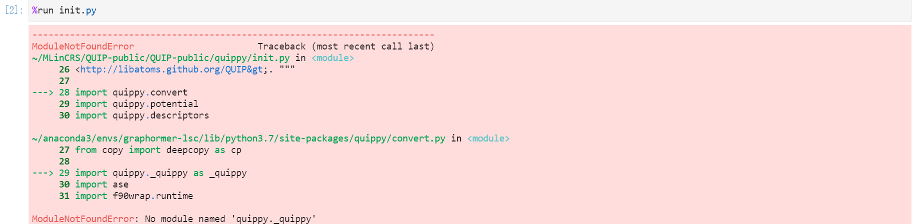 ModuleNotFoundError: No module named 'quippy._quippy' · Issue #347 · libAtoms/QUIP · GitHub