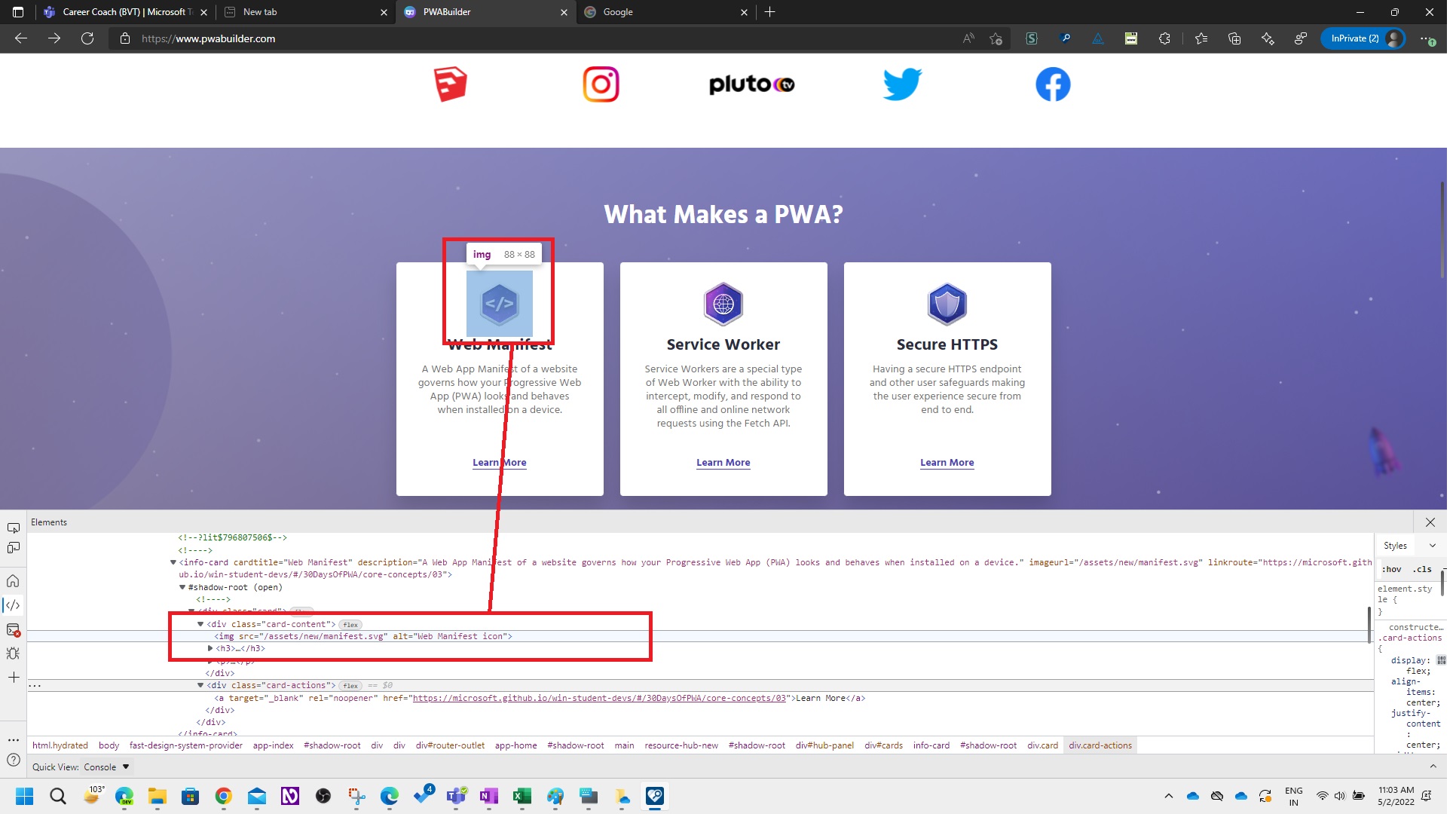 [PWABuilder - What Makes a PWA? Section]: Narrator Focus is moving to Decorative image 'Web ...