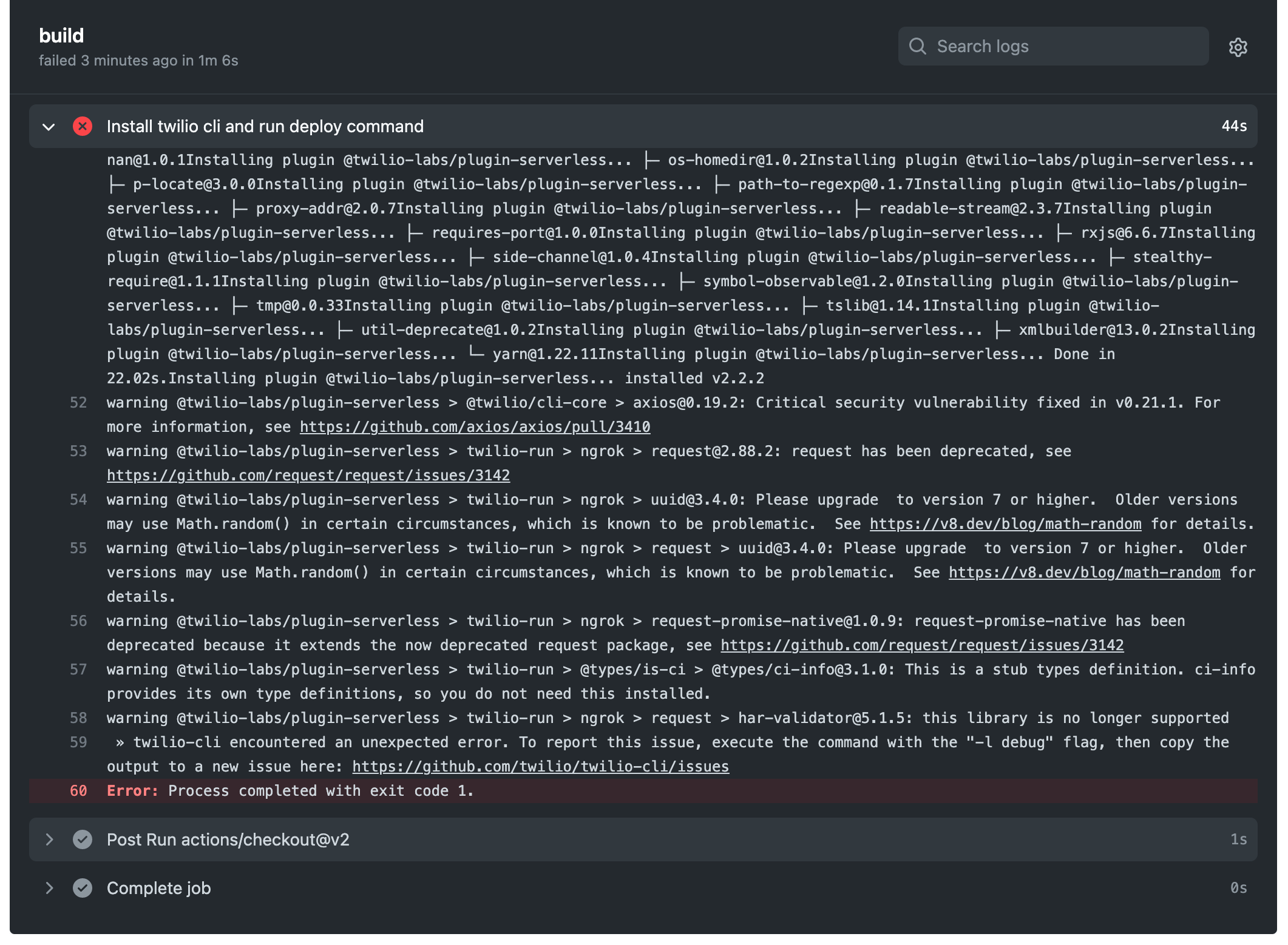 Error Process Completed With Exit Code 1 Issue 363 Twilio labs Error Process Completed With Exit Code 1 Issue 363 Twilio labs