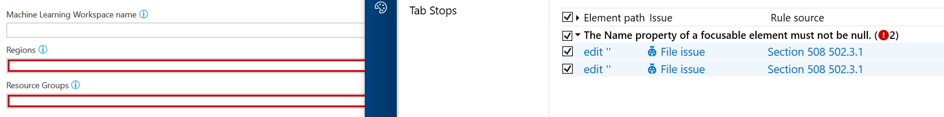 [Azure Env - New Workspace] - The Name property of a focusable element must not be null. · Issue ...