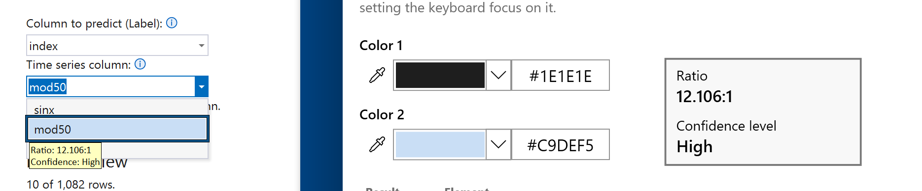A11y_Model Builder_Add Data_Input_Non-Text Contrast: Focus has ratio 1.37 over the combo box ...