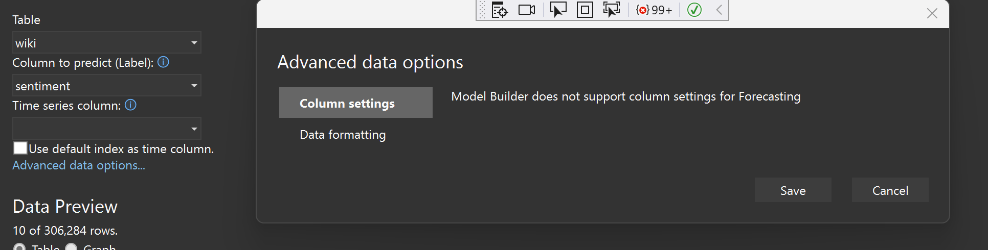 Label column purpose in Advanced Data Options is set to Feature · Issue ...