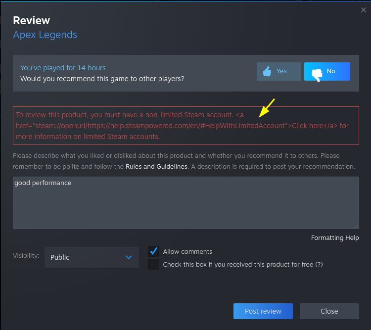 non-limited steam account popup html element is broken in Review game menu · Issue #9503 ...