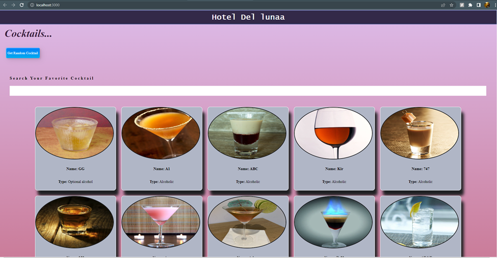 GitHub - ejain98/Cocktail-cards: Menu of the bar 'Hotel Del luna' is displayed. Search option is ...