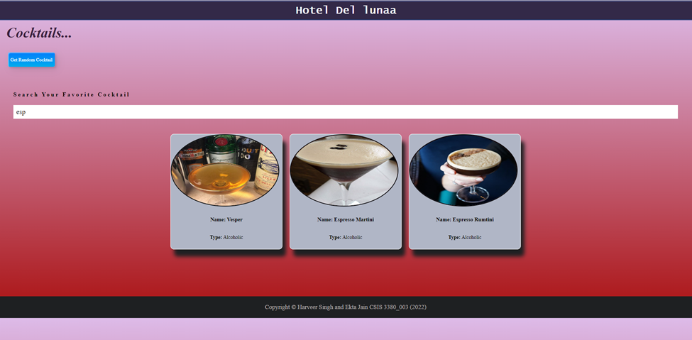 GitHub - ejain98/Cocktail-cards: Menu of the bar 'Hotel Del luna' is displayed. Search option is ...