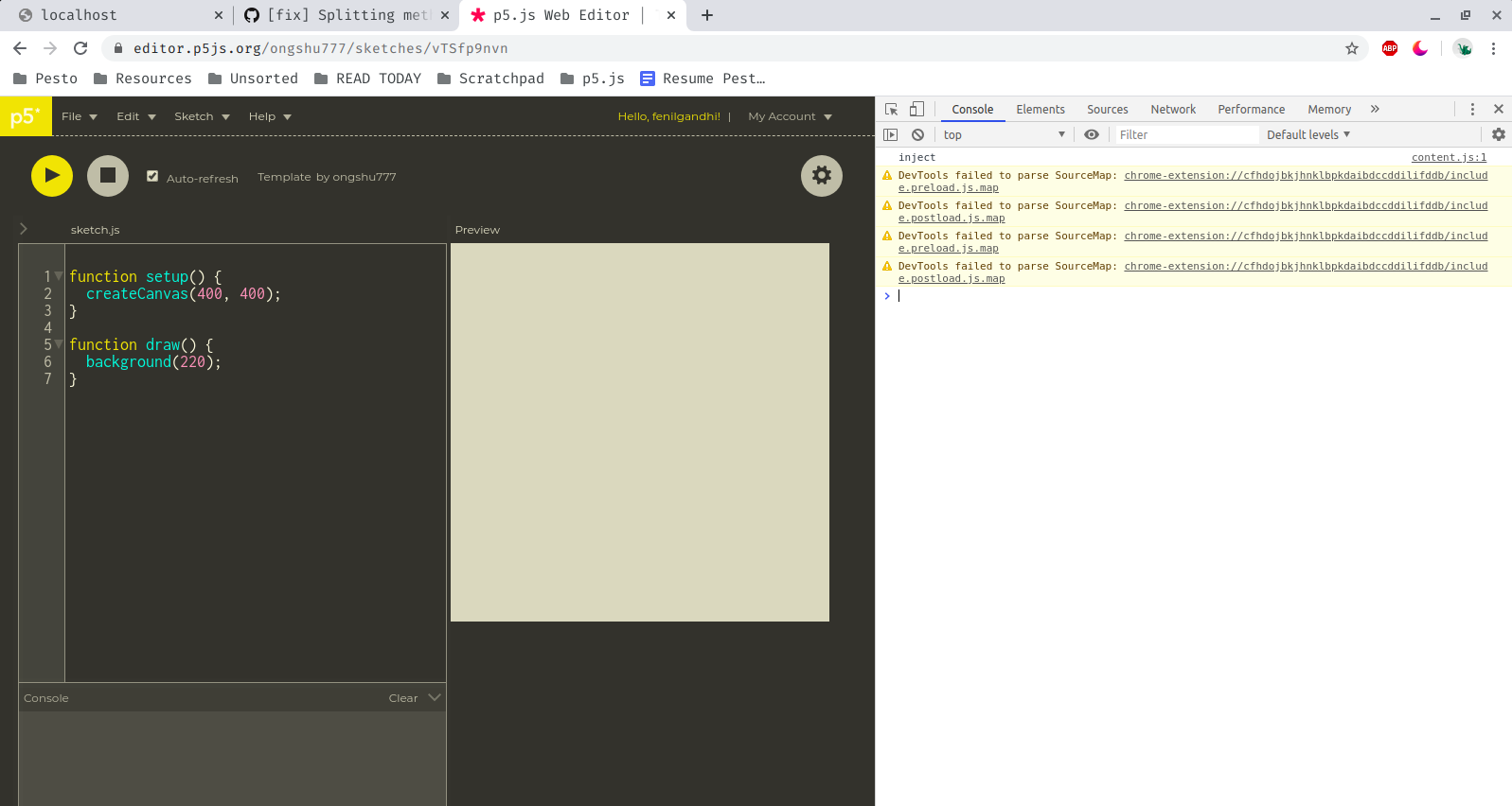 p5.js' web editor gives the "createElement()" error when simply running the default template ...
