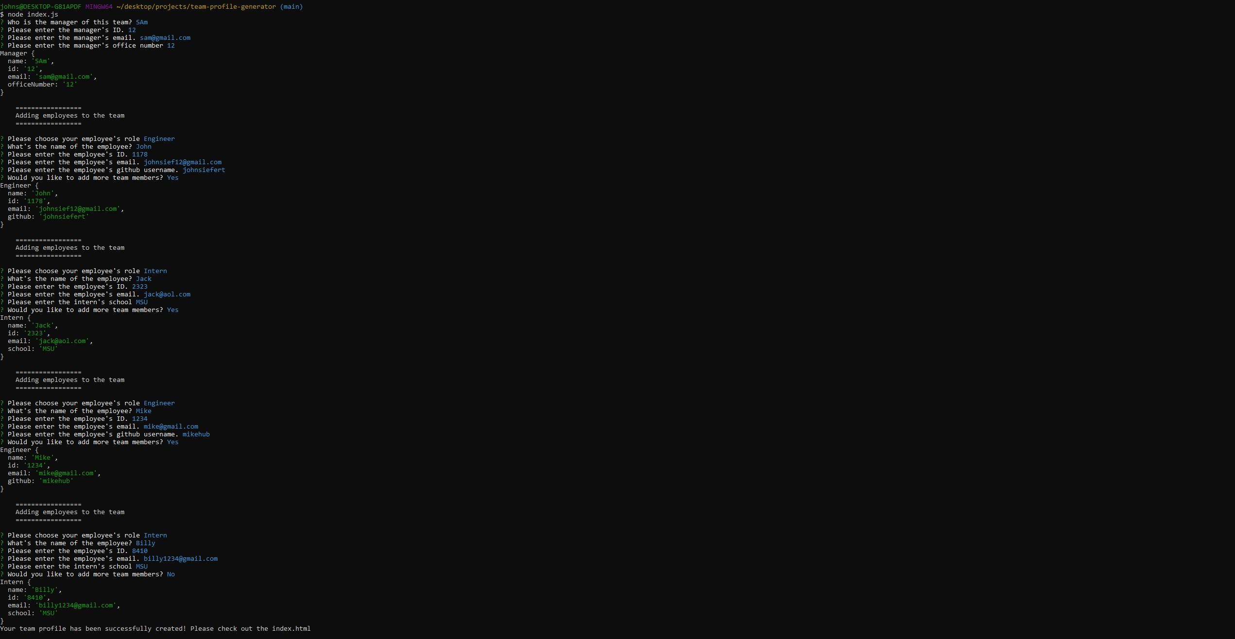 GitHub - johnsiefert/team-profile-generator