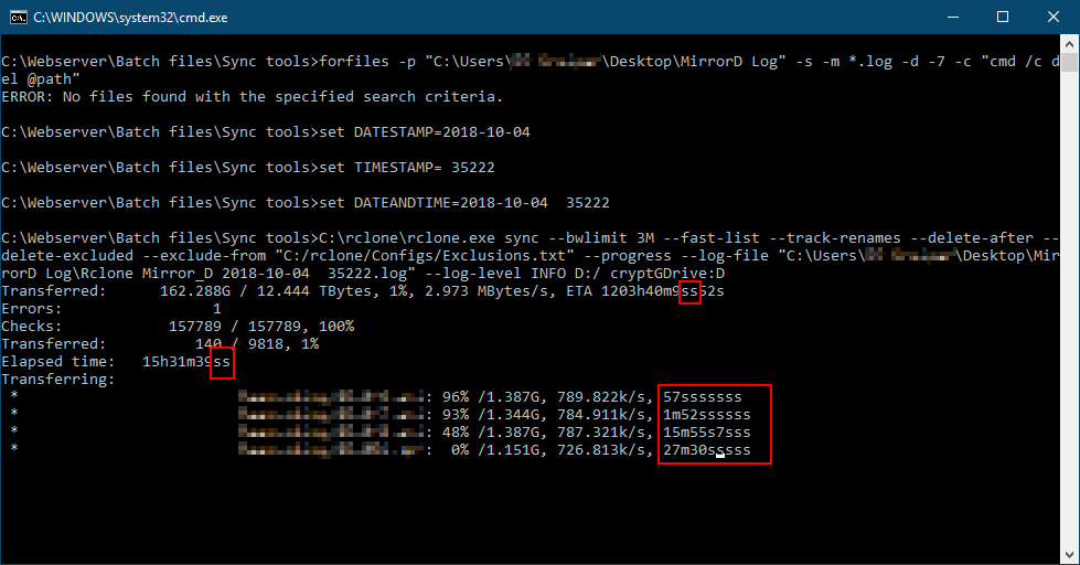 Rclone console output does not properly get cleared before updating it ...