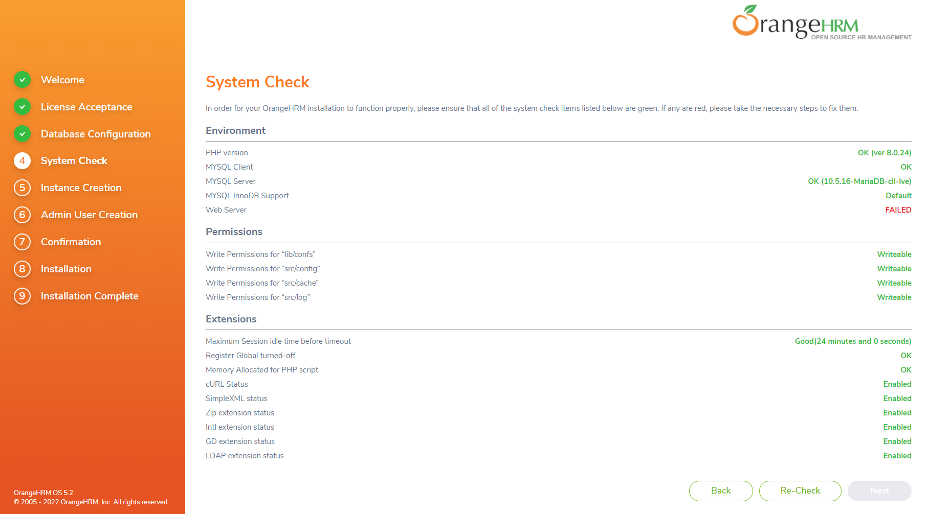 Web Server FAILED during set up OrangeHRM 5.2 · Issue #1529 · orangehrm/orangehrm · GitHub