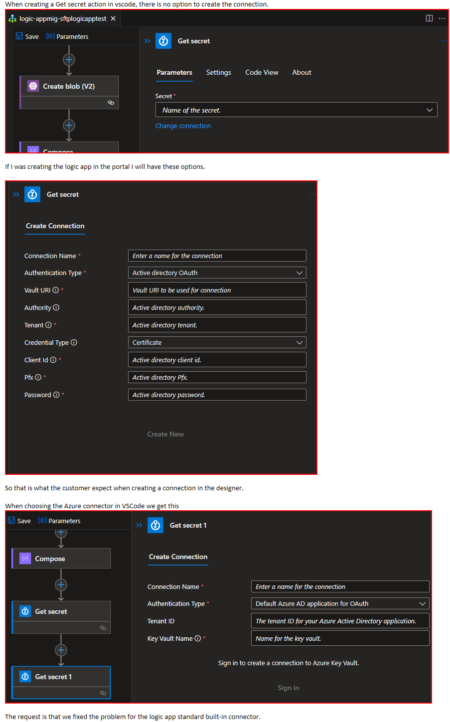 Unable To Create A Connection For The Built In Key Vault Connector Get Secret Using Vs Code