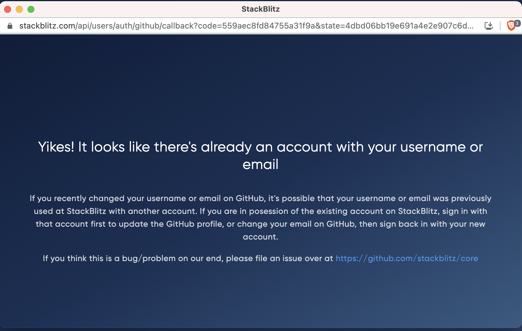 Authentication failure after GitHub account re-signup! · Issue #1614 · stackblitz/core · GitHub