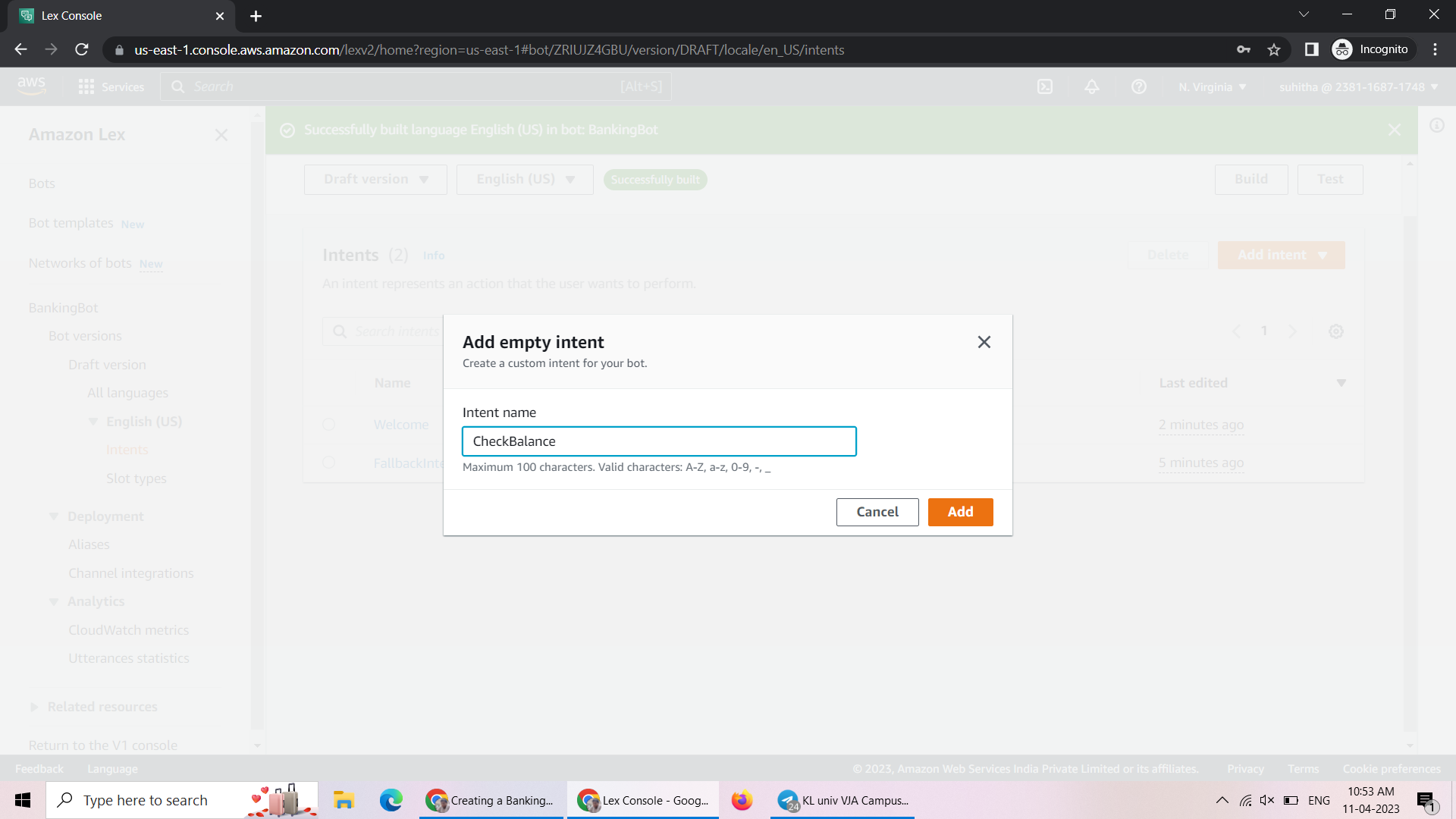 GitHub - SuhithaR/CSC-BANKING-BOT-AWS: CSC ACADAMIC PROJECT CREATED A BANKING BOT