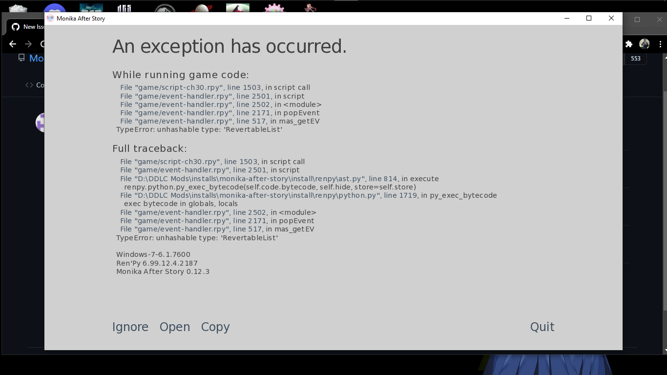 Bookmarks removal causes an infinite error loop · Issue #7930 · Monika-After-Story/MonikaModDev ...