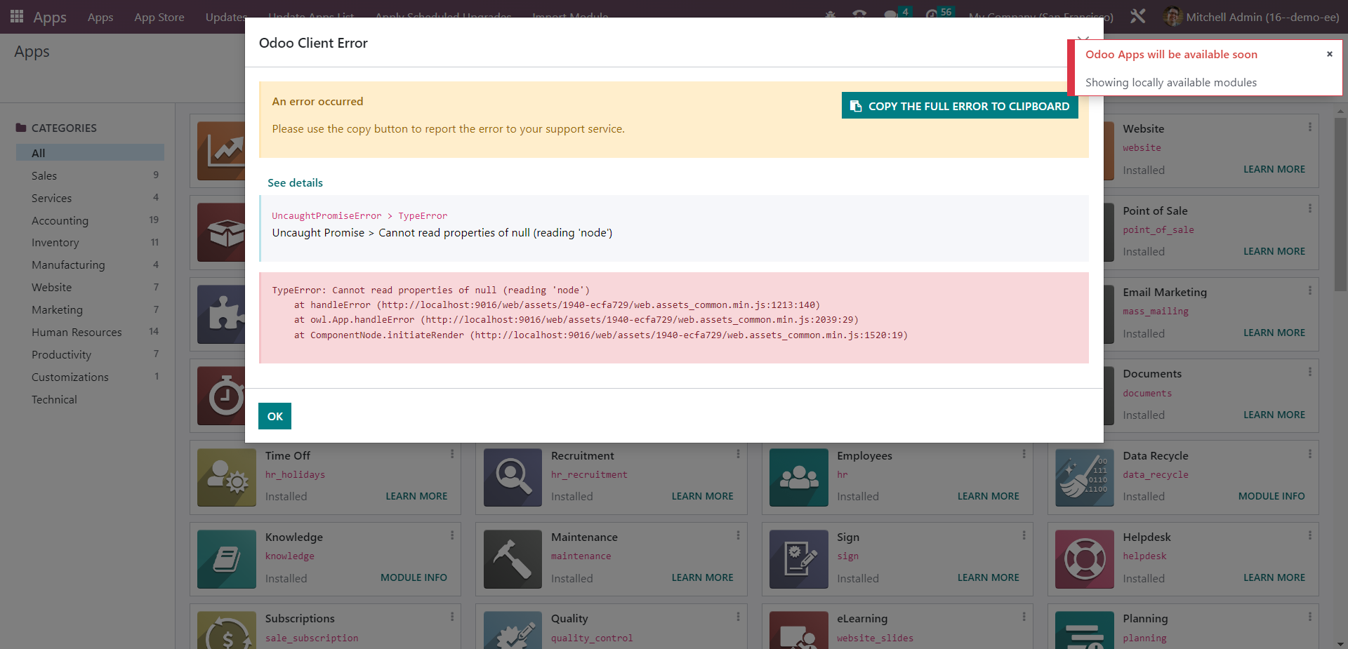 [16.0] Error when opening Apps > Updates page · Issue #105102 · odoo ...