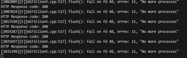 ESP32 BLE/WiFi throws an error [E][WiFiClient.cpp:395] write(): fail on fd 54, errno: 11, "No ...