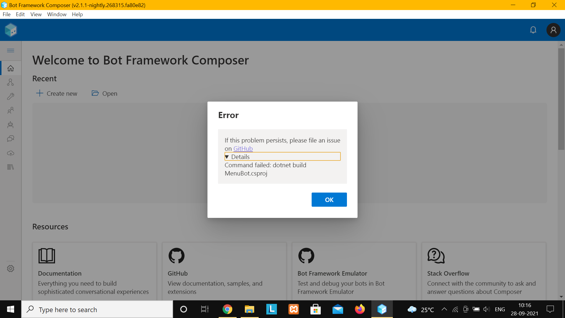 Showing Error Dotnet Build Menubotcsproj · Issue 8703 · Microsoftbotframework Composer · Github