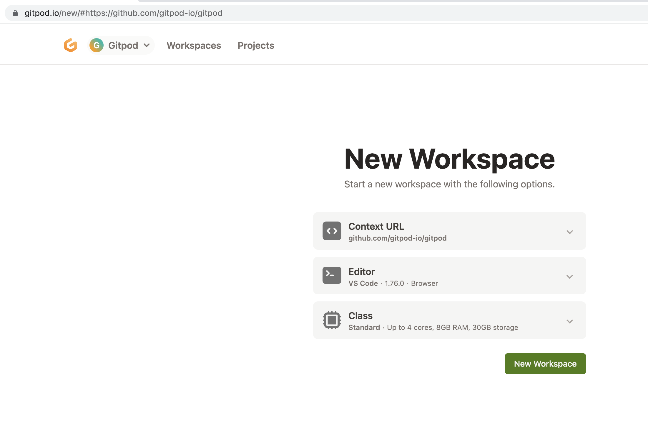 New Workspace Page Pre Selected Workspace Class Is Ignored · Issue 16727 · Gitpod Iogitpod