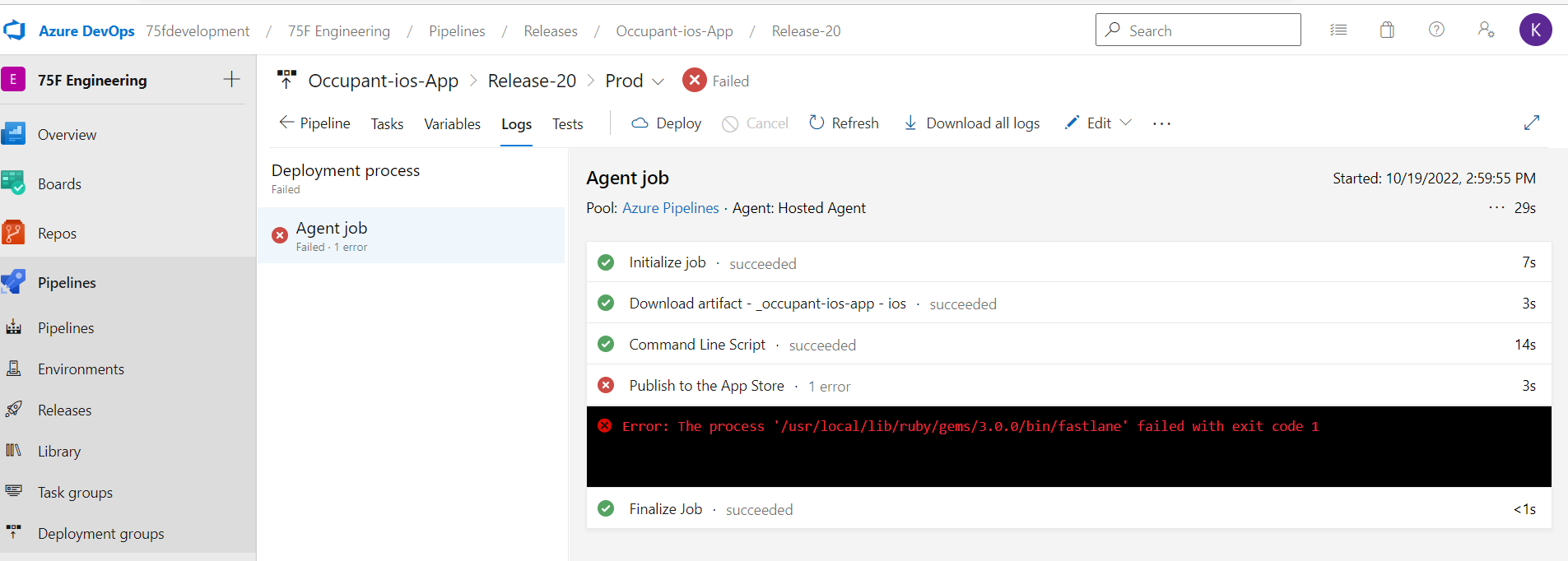 Getting Fastlane Error For Deployment To App Store Through Azure