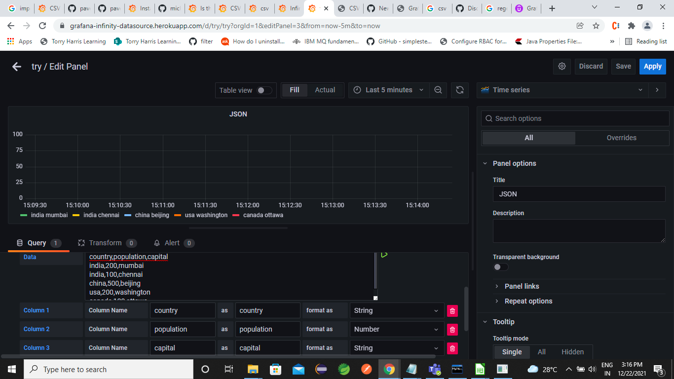Not Able To View Time Graph · Grafana Grafana Infinity Datasource 