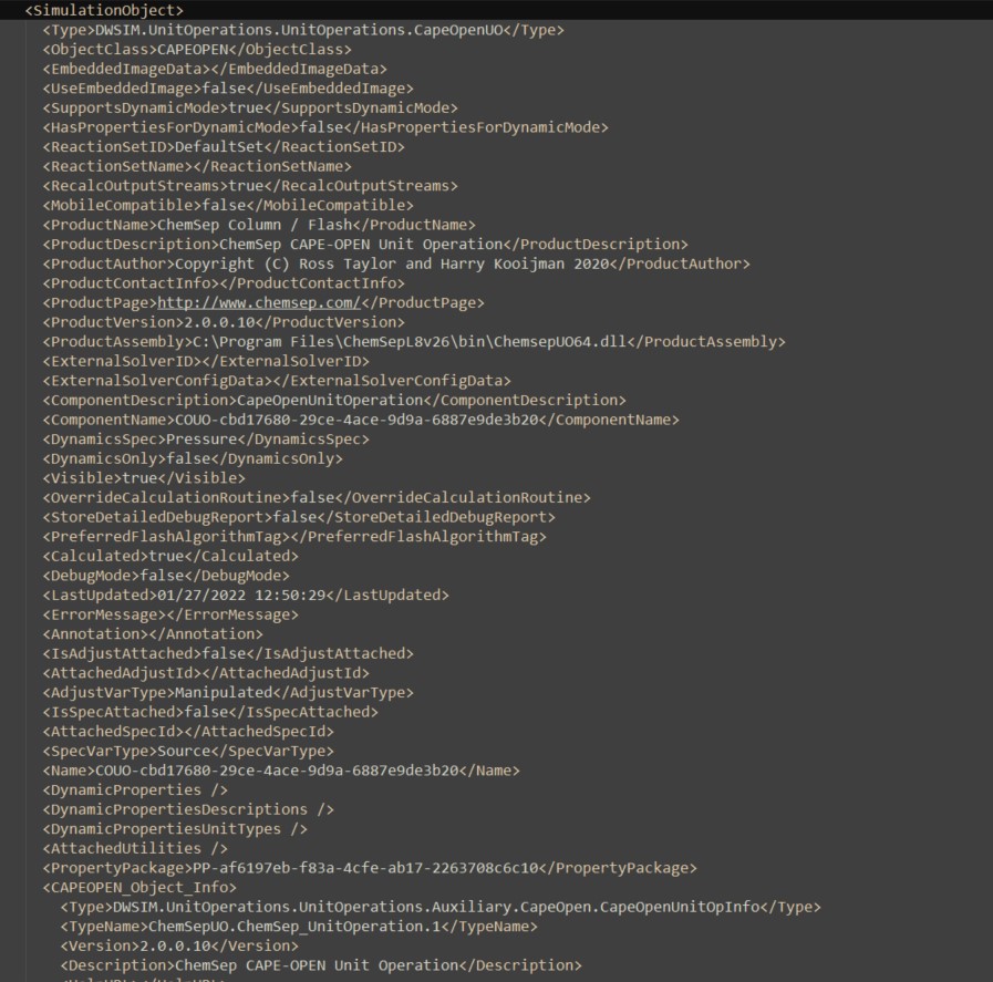 ChemSep column and CAPE Open unit operation information are missing from the XML results file ...