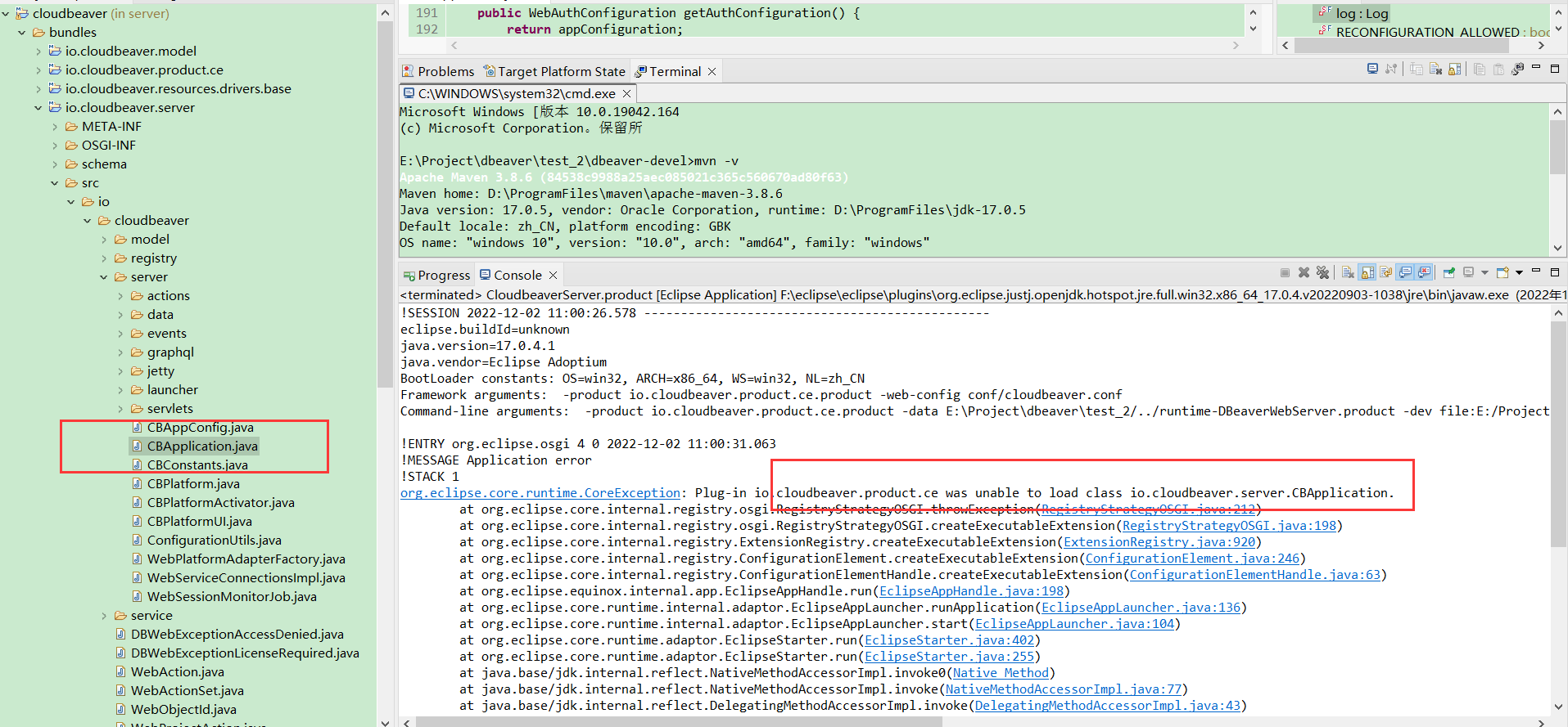 can not start cloudbeaver in eclipse ; java -version : 17 maven : 3.8.6 And start dbeaver ...