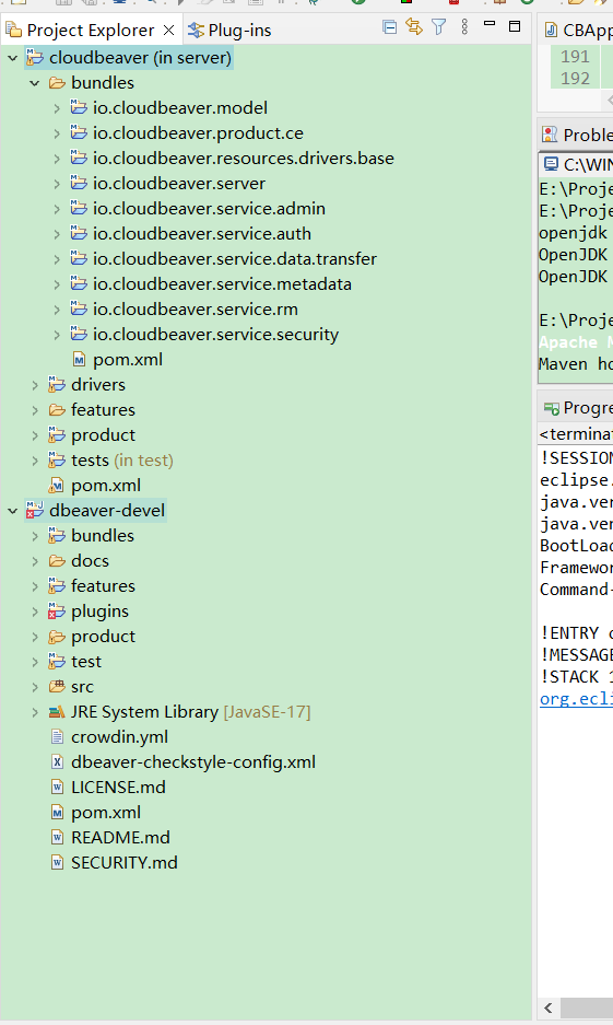 can not start cloudbeaver in eclipse ; java -version : 17 maven : 3.8.6 And start dbeaver ...