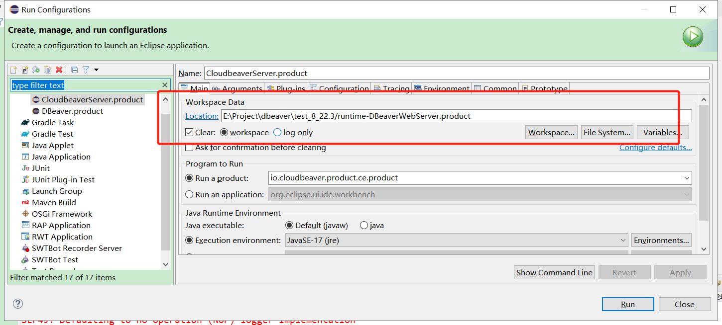 can not start cloudbeaver in eclipse ; java -version : 17 maven : 3.8.6 And start dbeaver ...