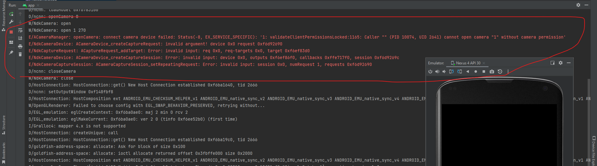 App crashes immediately after running (E/ACameraManager: openCamera: connect camera device ...