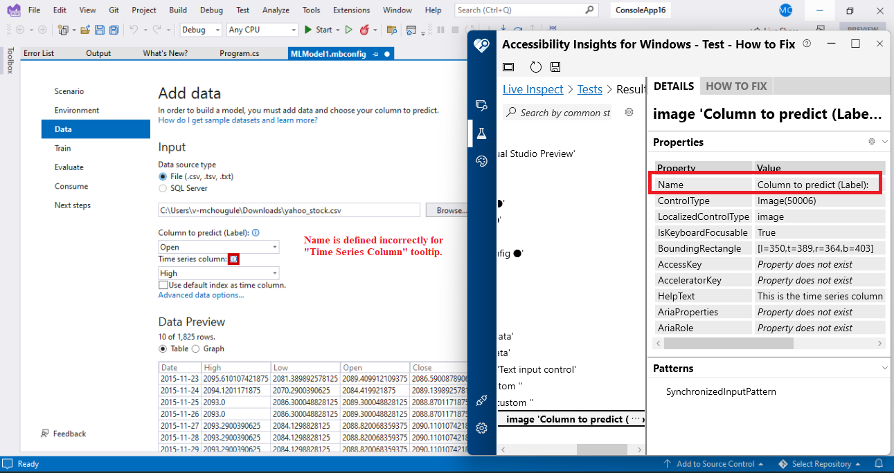 A11y_Model Builder_Add Data_Input_Name Role Value : Name is defined incorrectly for "Time Series ...