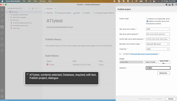 A11y_SQLdatabase projects extension_Publish_Existing SQL Server_Voiceover: Voiceover is not ...