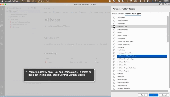 A11y_SQLdatabase projects extension_Advance Publish_Exclude Object Type_Voiceover : Voiceover is ...