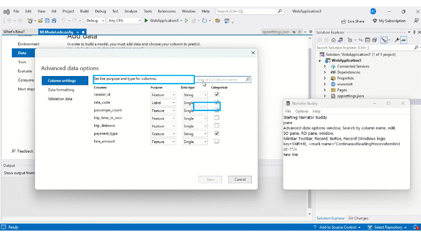 A11y_Model Builder_Advance data option_Column Settings_Status Messages : Narrator/NVDA is not ...