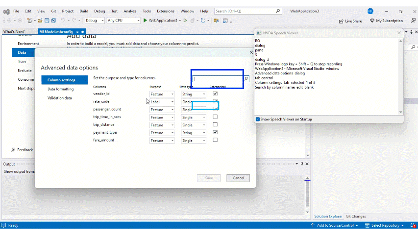 A11y_Model Builder_Advance data option_Column Settings_Status Messages : Narrator/NVDA is not ...