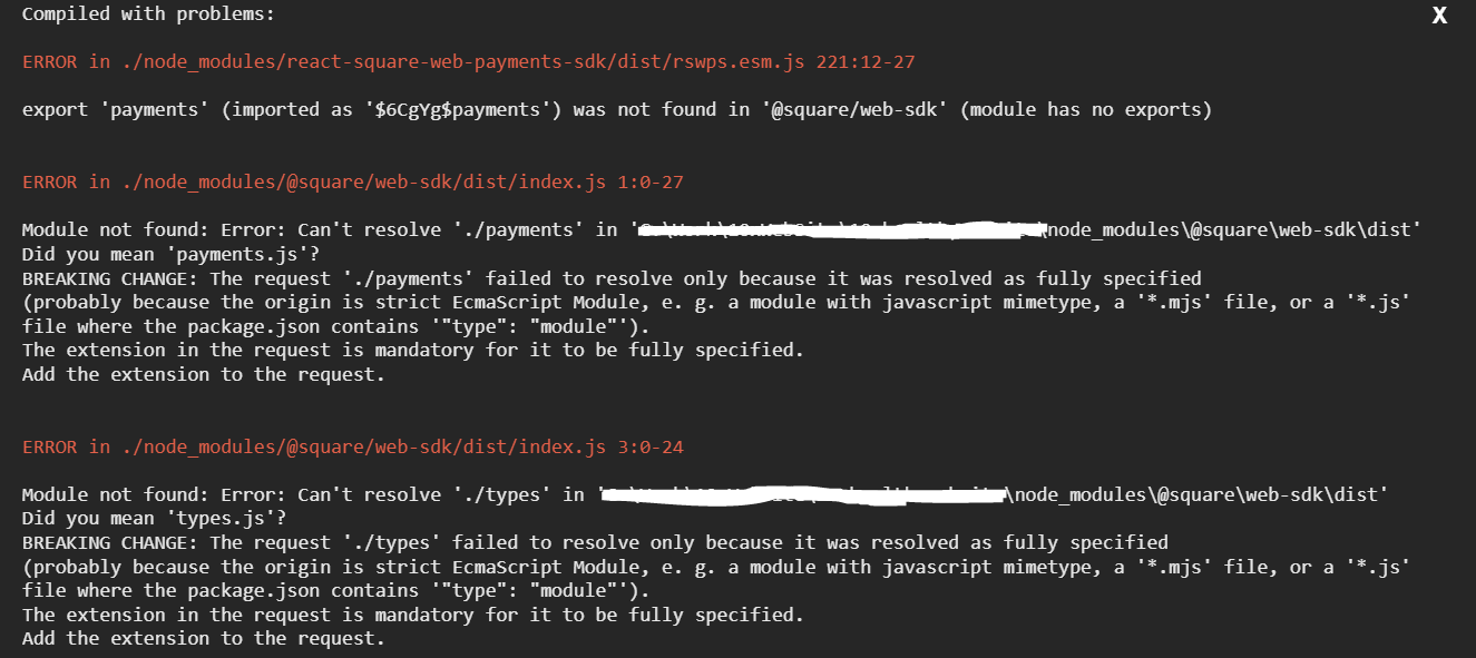 Square card Payment throwing Error ''payments' (imported as '$6CgYg$payments') was not found in ...