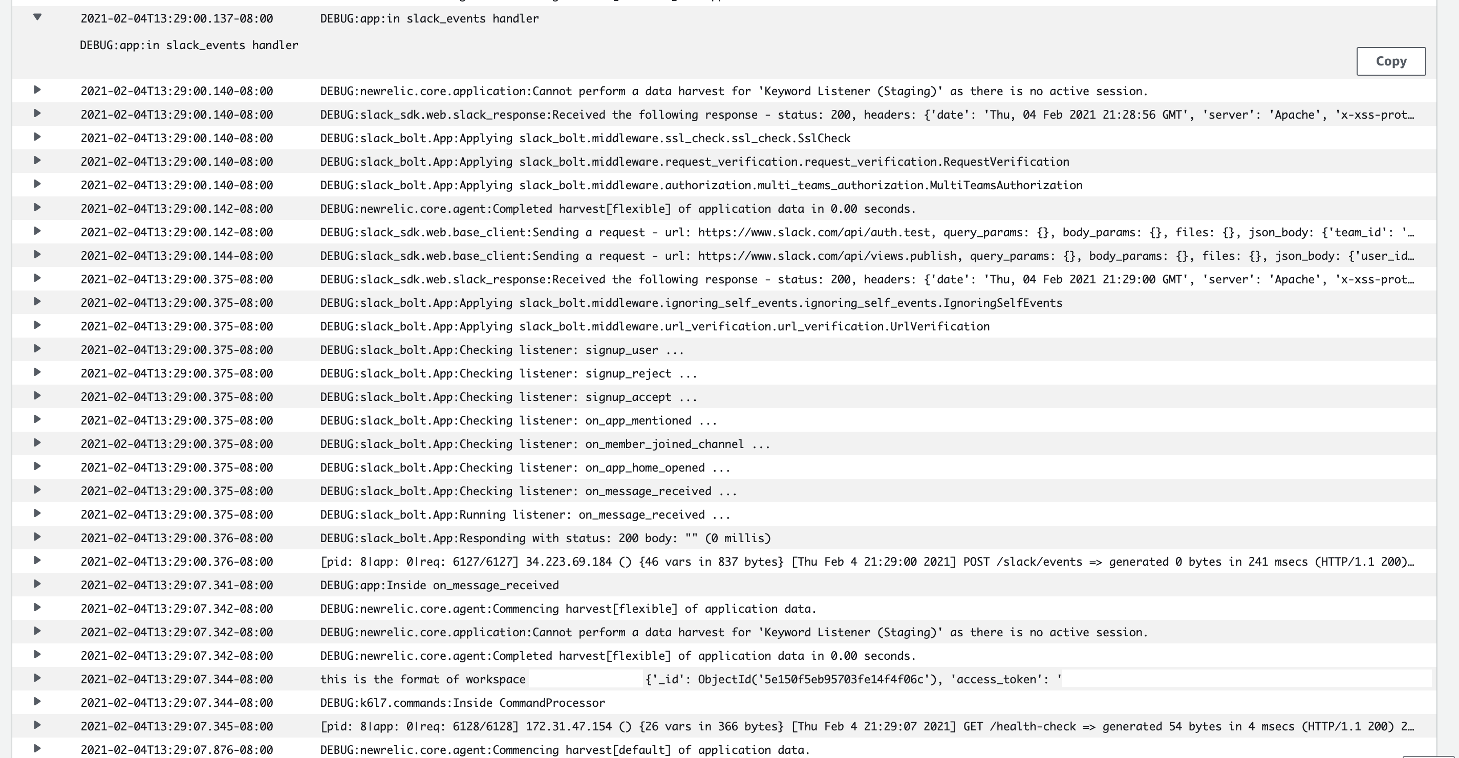 What might be causing latency for processing event listener code for a Python Bolt app using the ...