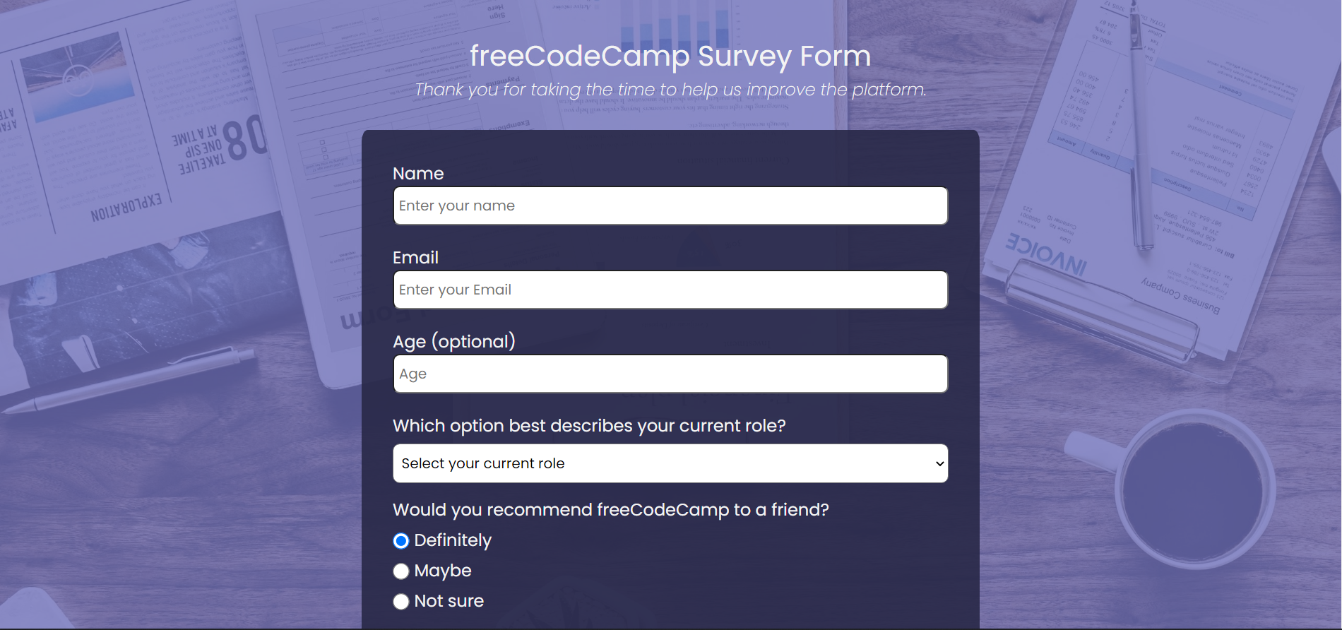GitHub - NoahCrown/FCC-Survey-Page: A task given my freecodecamp to complete my first day of ...