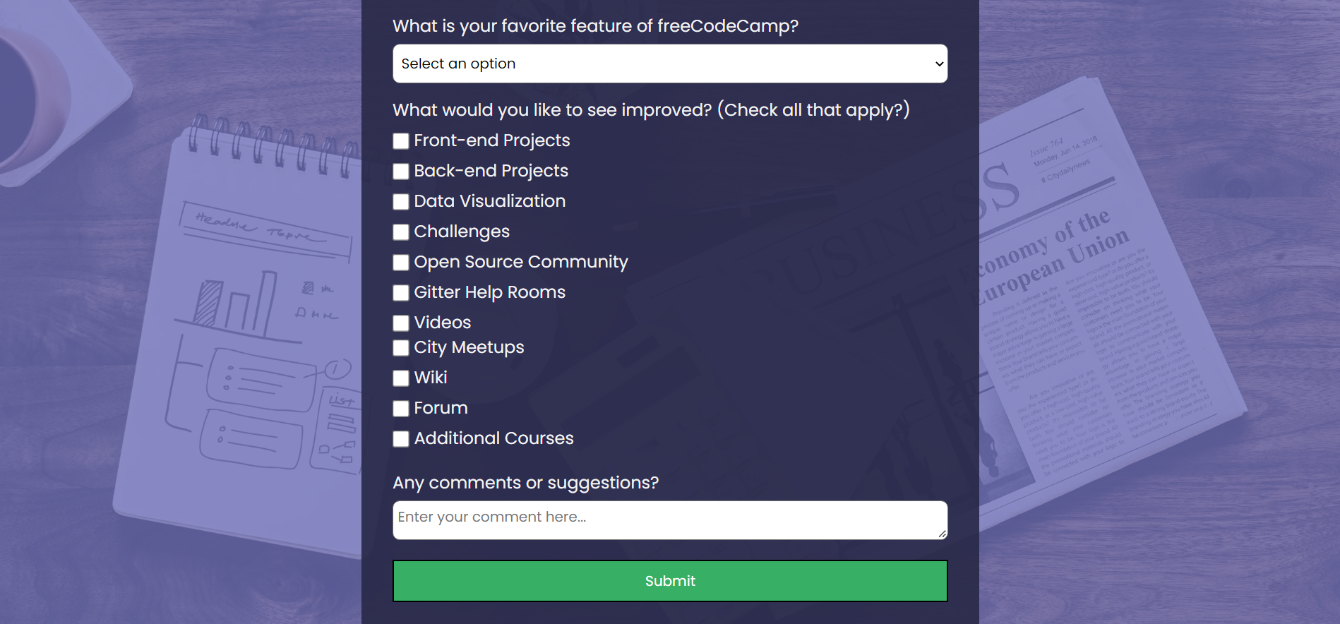 GitHub - NoahCrown/FCC-Survey-Page: A task given my freecodecamp to complete my first day of ...