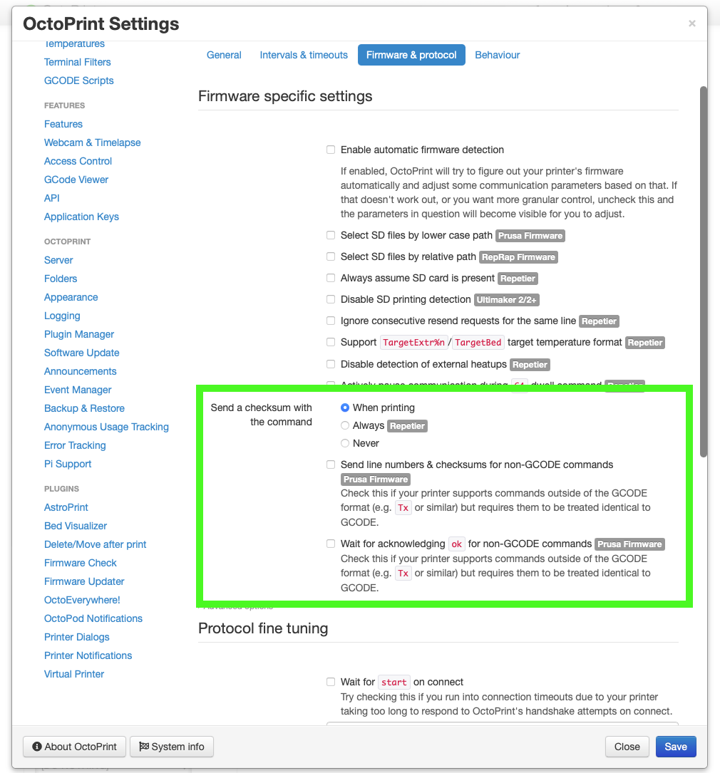 Firmware & Protocol settings do not save · Issue #4735 · OctoPrint/OctoPrint · GitHub
