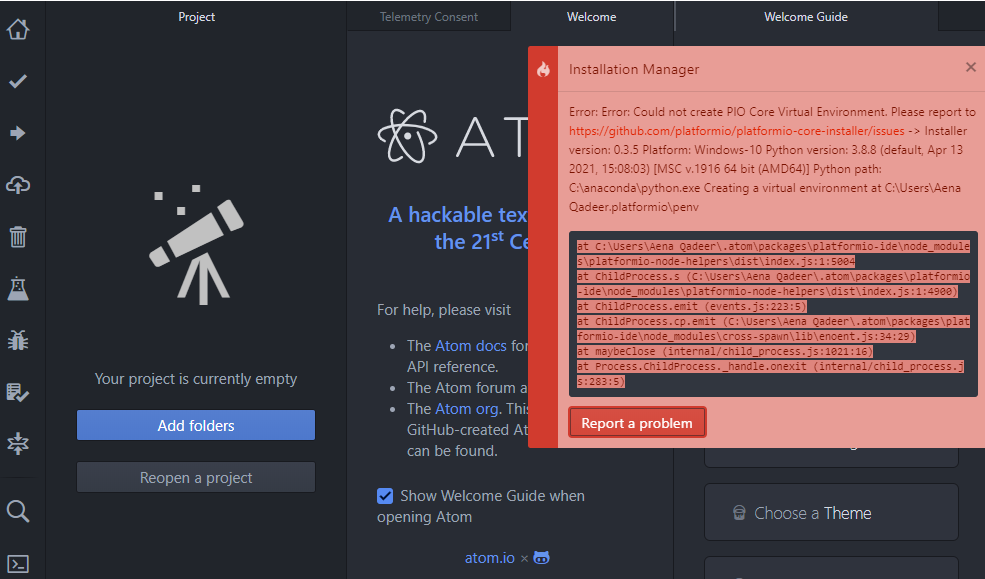 Installation Manager Fails On Atom · Issue 1214 · Platformio Platformio Core Installer · Github