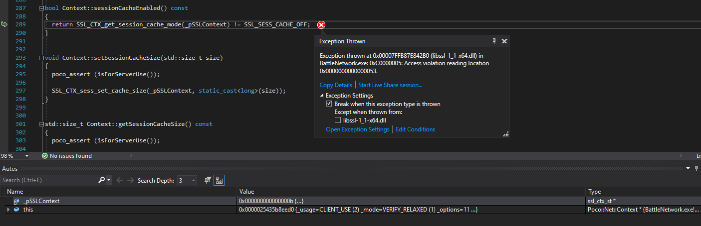 HTTPS request crashes on windows. Context object looks valid but _pSSLContext is strange ...