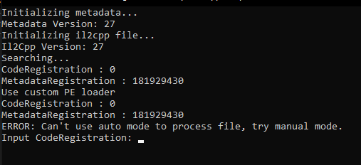 ERROR: Can't use auto mode to process file, try manual mode. · Issue #537 · Perfare/Il2CppDumper ...