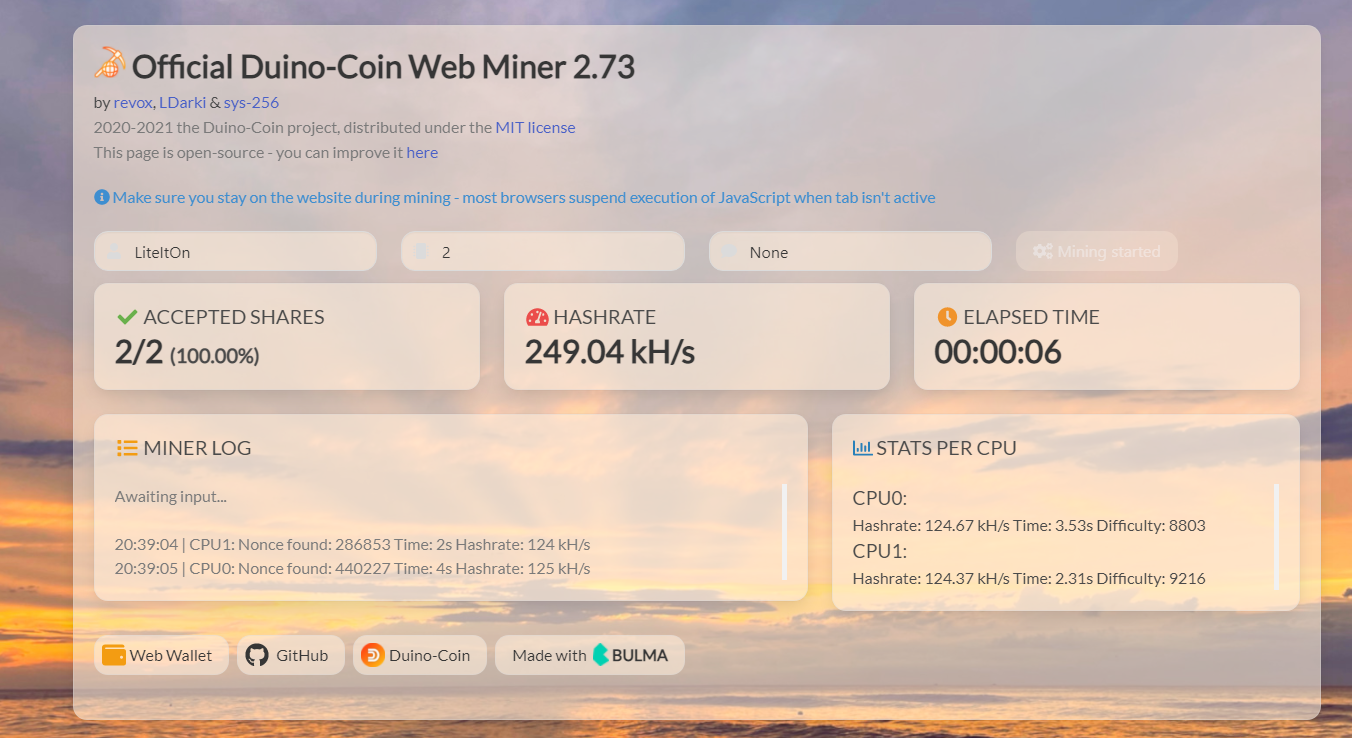 Webminer stucks on 0/0 Accepted Shares · Issue #1085 · revoxhere/duino-coin · GitHub